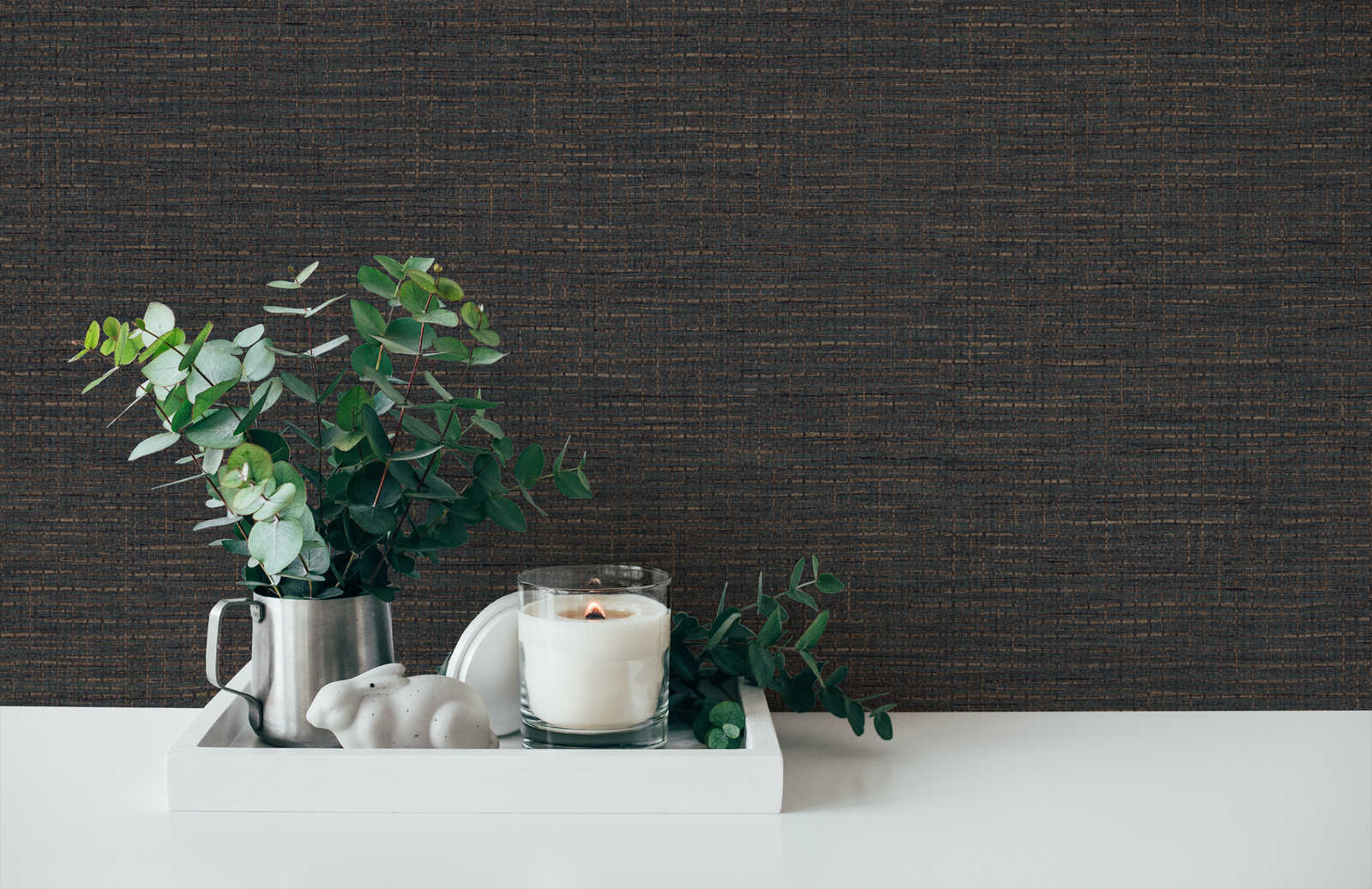 Dark brown wallpaper with bast pattern, matt and textured